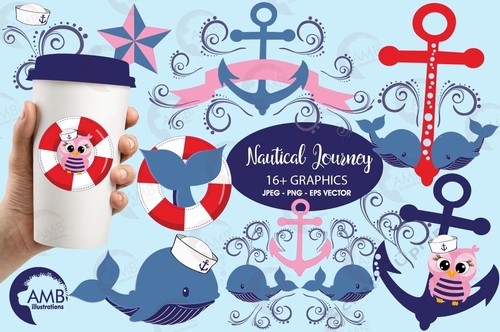 Nautical clipart, Sailing Clipart in Red and and Blue, Whale Clipart ...
