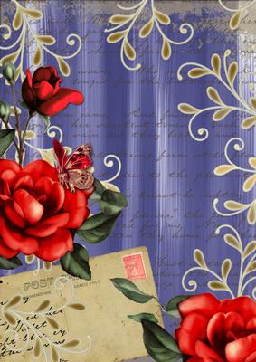 Blue Colour Red Rose Painted Postcard A4 Backing Paper - CUP284478_10 ...
