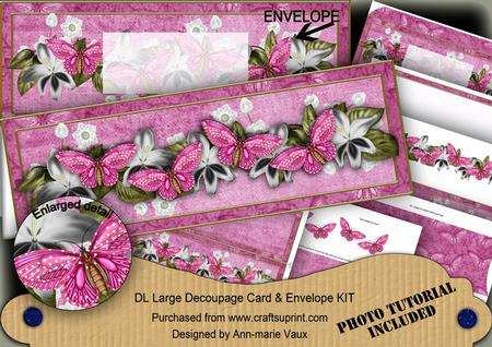 Cerise Black Butterfly Large Dl Decoupage Card & Env Kit - CUP514023_10 | Craftsuprint
