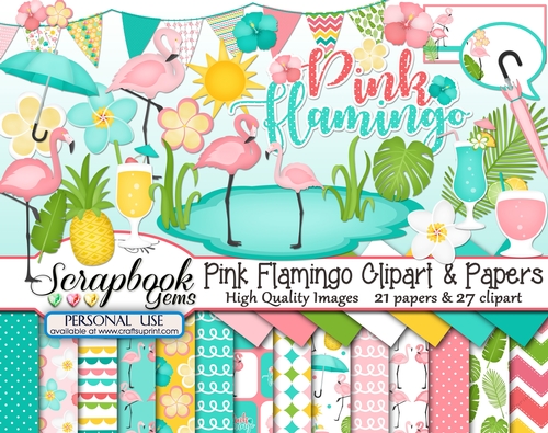 PINK FLAMINGO CLIPART & PAPERS KIT - 27 Clipart & 21 Papers - CUP851322 ...