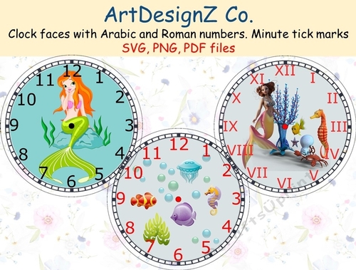 Clock faces with Arabic and Roman numbers. Minute tick marks ...