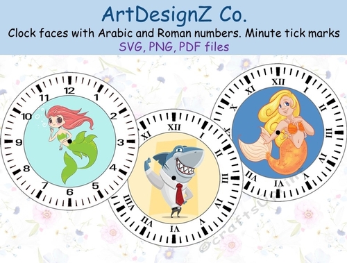 Set of three Clock faces with Arabic and Roman numbers. Minute tick ...