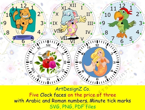 Set of five Clock faces on the price of three. Arabic and Roman numbers ...