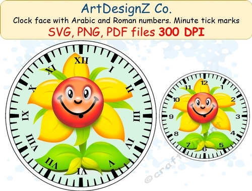 Clock face with Arabic and Roman numbers, handmade, printable, surface ...