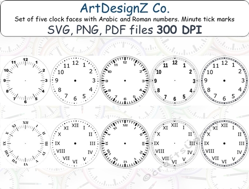 Five clock faces with Arabic and Roman numbers. Minute tick marks ...