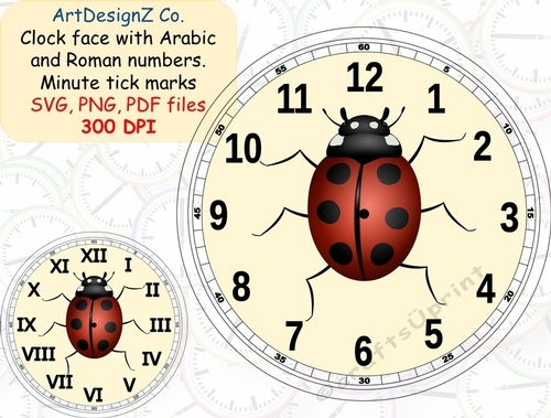 Ladybug clock face with Arabic and Roman numbers. Minute tick marks ...