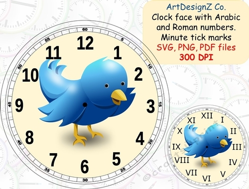 Bird clock face with Arabic and Roman numbers. Minute tick marks. Cupid ...