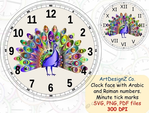 Peacock clock face with Arabic and Roman numbers. Minute tick marks ...