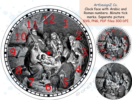 Beautiful Christmas scene clock face with Arabic and Roman numbers ...