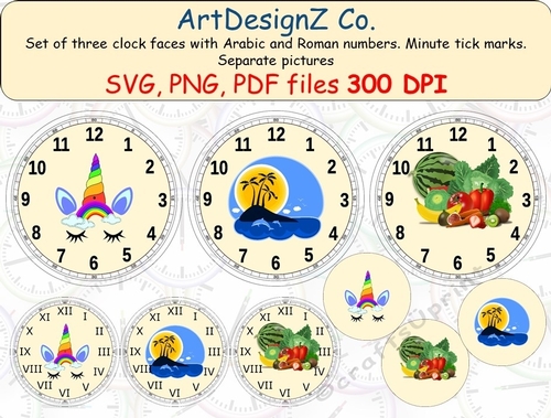 Three clock faces with Arabic and Roman numbers. Minute tick marks ...