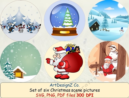 Set of six rounded Christmas scene pictures. Lantern, Christmas ...