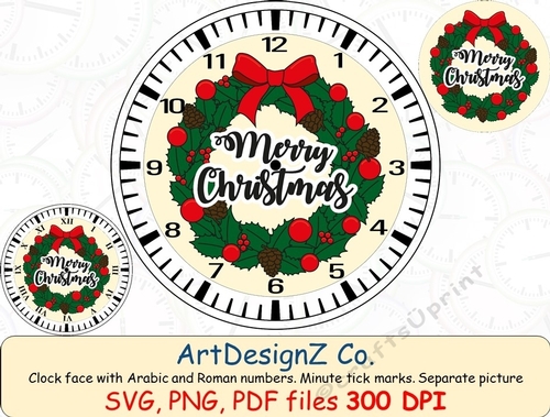 Beautiful Christmas scene clock face with Arabic and Roman numbers ...
