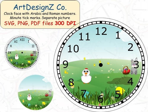 Beautiful Easter scene clock-face with Arabic and Roman numbers. Minute ...