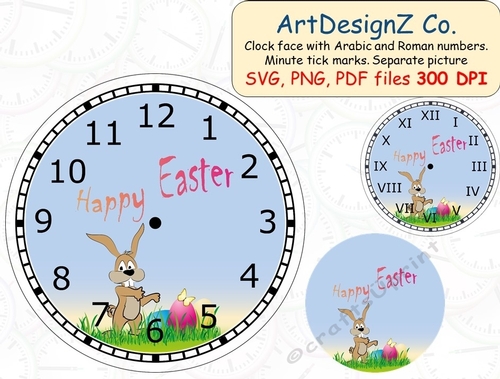 Beautiful Easter scene clock-face with Arabic and Roman numbers. Minute ...