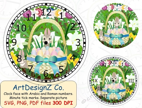 Beautiful Easter scene clock-face with Arabic and Roman numbers. Minute ...