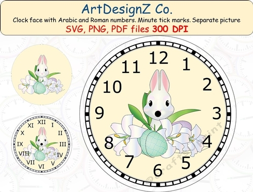 Beautiful Easter scene clock-face with Arabic and Roman numbers. Minute ...