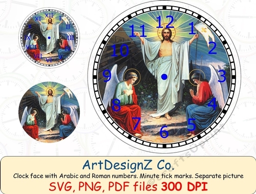 Christmas scene clock face with Arabic and Roman numbers. Minute tick ...