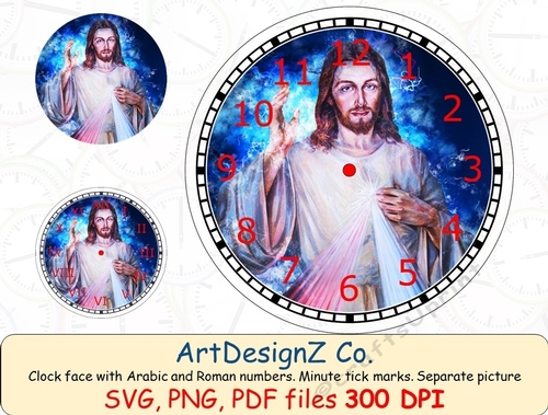 Christmas scene clock face with Arabic and Roman numbers. Minute tick ...