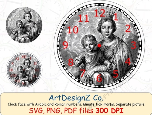 Christmas scene clock face with Arabic and Roman numbers. Minute tick ...