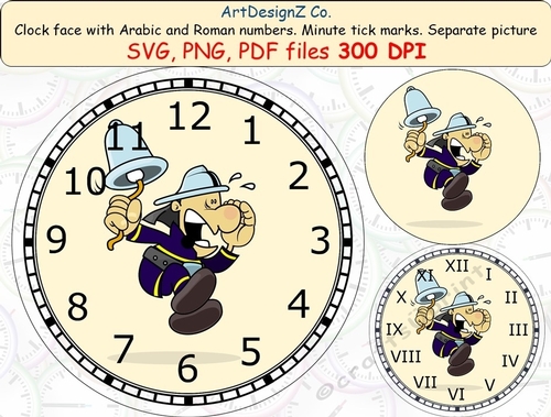 Fireman clock face with Arabic and Roman numbers. Minute tick marks ...