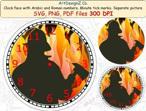Fireman clock face with Arabic and Roman numbers. Minute tick marks ...