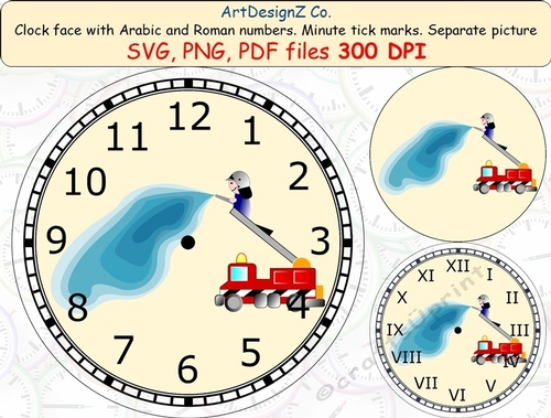Fireman clock face with Arabic and Roman numbers. Minute tick marks ...