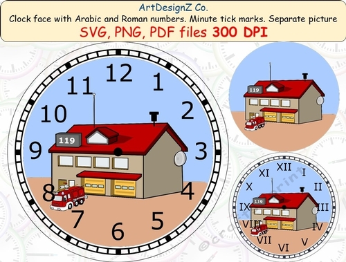 Fireman clock face with Arabic and Roman numbers. Minute tick marks ...