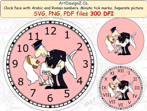 Fireman wedding clock face with Arabic and Roman numbers. Minute tick ...