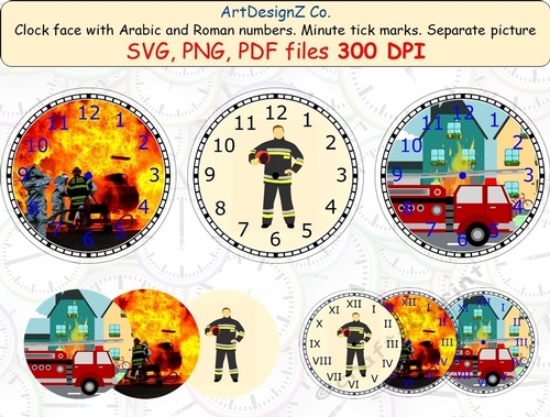 Fireman clock face with Arabic and Roman numbers. Minute tick marks ...