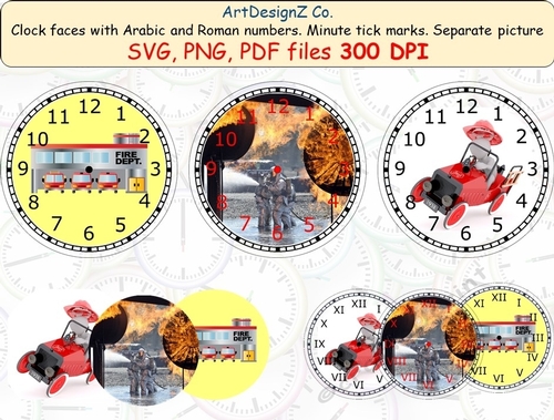Fireman clock faces with Arabic and Roman numbers. Minute tick marks ...