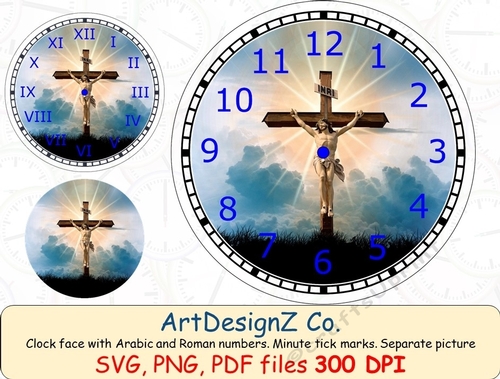 Christmas scene clock face with Arabic and Roman numbers. Minute tick ...