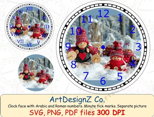 Christmas scene clock face with Arabic and Roman numbers. Minute tick ...