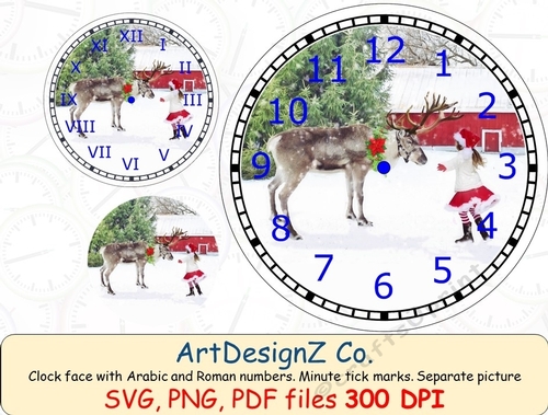Christmas scene clock face with Arabic and Roman numbers. Minute tick ...