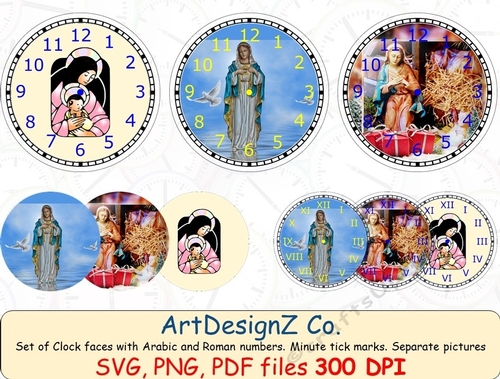 Set of Christmas scene clock faces with Arabic and Roman numbers ...
