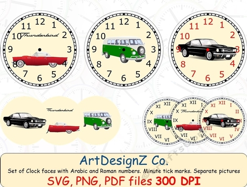 Set of classic cars clock faces with Arabic and Roman numbers. Minute ...