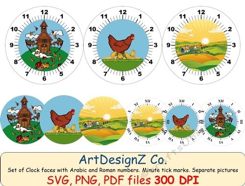 Set of farm clock faces with Arabic and Roman numbers. Minute tick ...
