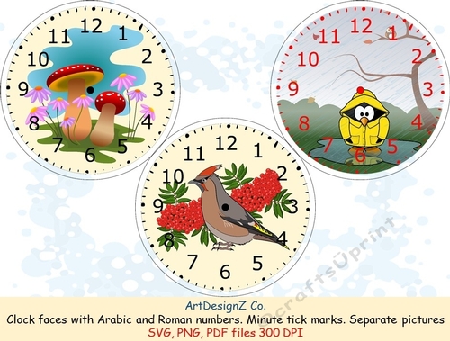 Beautiful autumn scene clock face with Arabic and Roman numbers. Minute ...