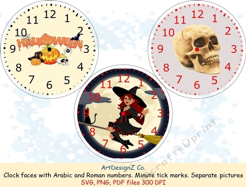 Beautiful Halloween scenes clock faces with Arabic and Roman numbers ...