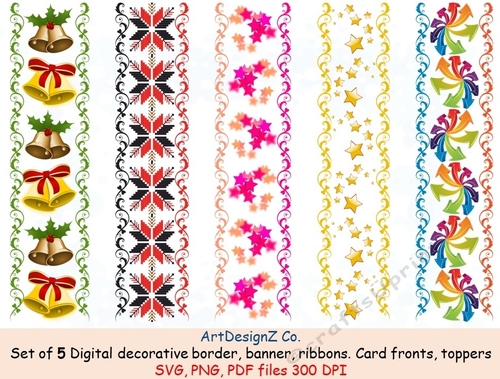 Set of five digital decorative border, banner, ribbons, templates ...