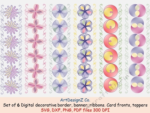 Set of six digital decorative border, banner, ribbons, templates ...