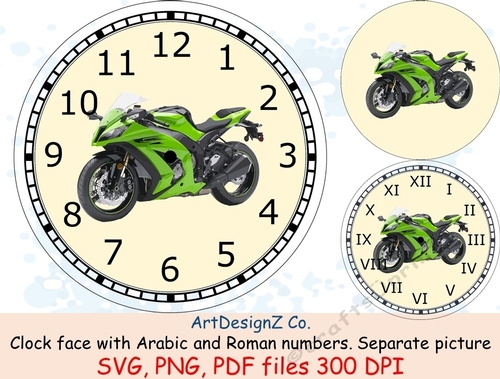 Motorcycle clock face with Arabic and Roman numbers. Minute tick marks ...