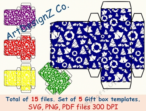 Total of 15 files. Five Christmas gift box templates. Different colors ...