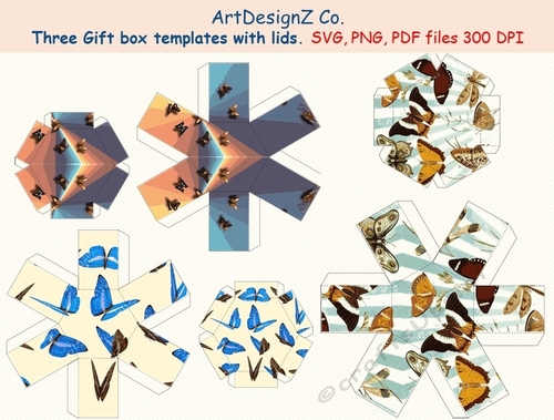Set of three butterfly gift box templates with lids. Svg, clipart ...