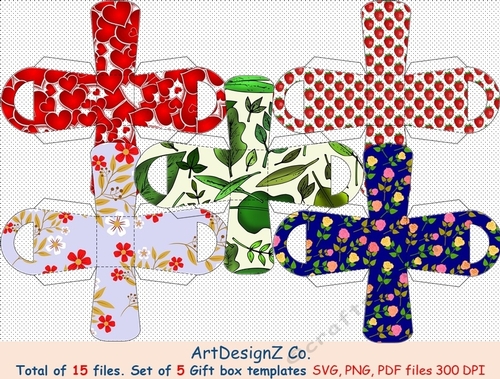 Set of five gift box templates. Total of 15 files. Svg basket, birthday ...