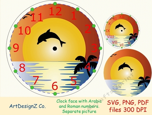 Beautiful dolphin clock face with Arabic and Roman numbers. Minute tick ...