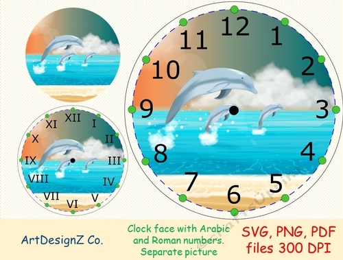 Beautiful dolphin clock face with Arabic and Roman numbers. Minute tick ...