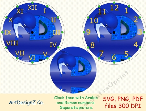 Beautiful dolphin clock face with Arabic and Roman numbers. Minute tick ...