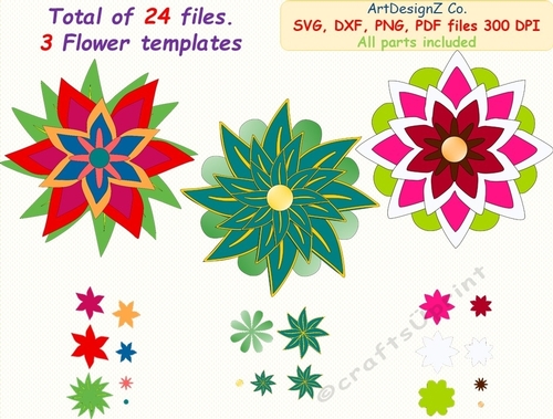 Set of 3 Flower templates. A total of 24 files. Parts, felt, cut ...