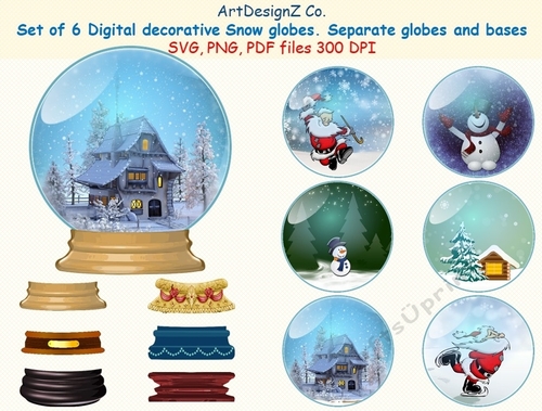Set of six digital decorative snow globe templates. Separate globes and ...