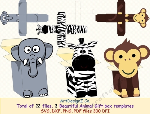 Total of 22 files. Three Beautiful animals Gift box templates. Elephant ...